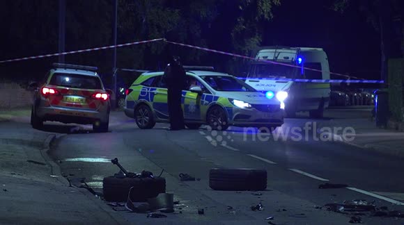 Two cars collision results in wheels being ripped off car and fire and ...