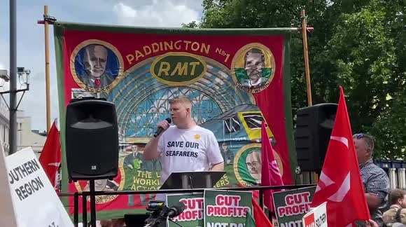 RMT union’s Eddie Dempsey speaks at a rail workers rally in London ...