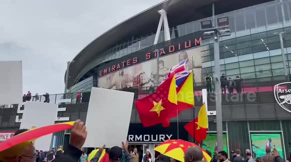 Protesters at Arsenal's Emirates Stadium condemn UAE involvement in ...