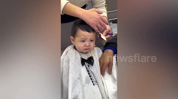 Nervous toddler bravely holds back the tears as he gets a haircut for ...