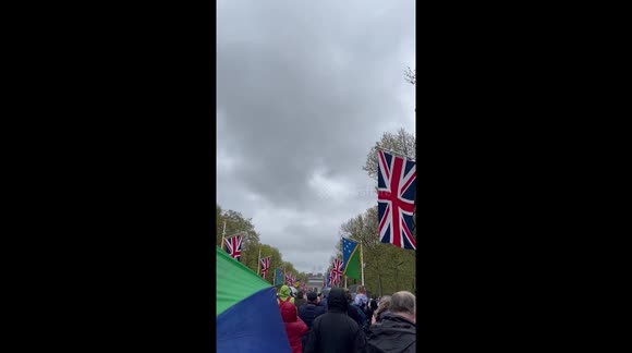 RAF Red Arrows fly over the mall on coronation day, red white and blue ...