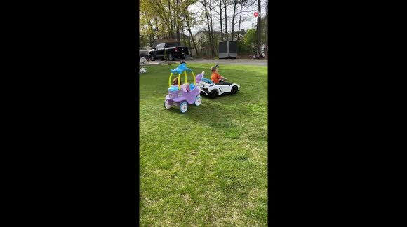Children playing with Electric Toy car and horse carriage fall over ...