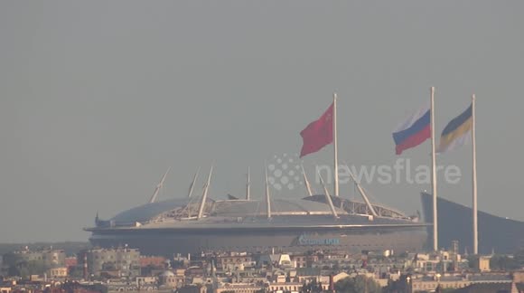 Three huge flags of Russian Impire, Soviet and Russian Federation were ...