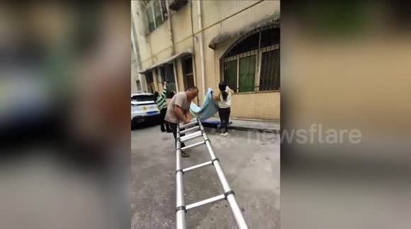 Hero neighbours use ladder to save girl stuck in window railings - Buy ...
