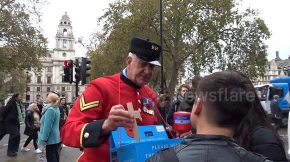 Red Poppy Appeal pins and wooden crosses on sale with crowds waiting ...