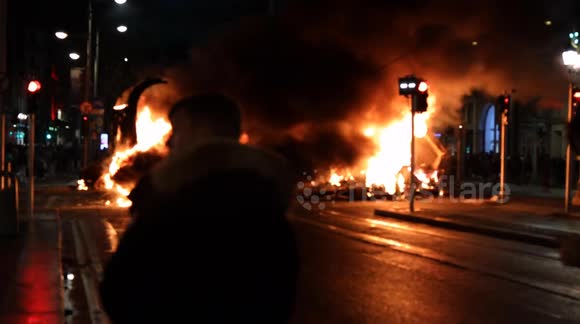 Dublin riots on 23rd of november. Double decker dublin bus burning on O ...