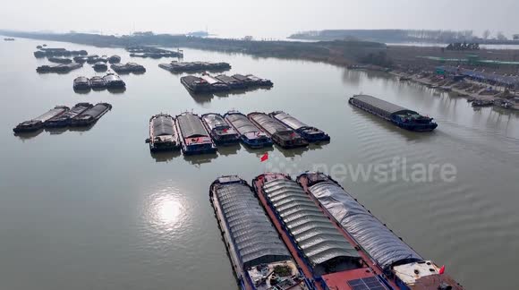 Cargo Ships Line Up To Enter The Water Route of Hongze Lake in Huaian ...