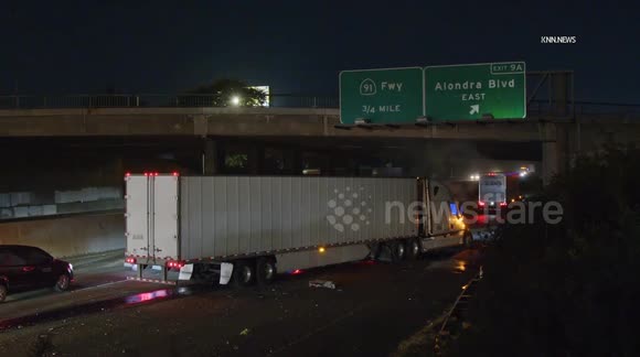 US, Los Angeles: Compton Fuel Leak And Overturned Semi Shutdown 710 ...
