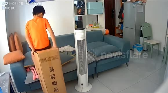 Boy gets trapped inside collapsed cardboard box, mum comes to his ...